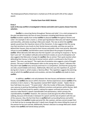 WJEC Literature Shakespeare Poetry Exemplar | Teaching Resources
