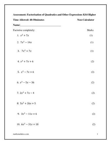 Assessment Quadratics KS4 Higher with markscheme | Teaching Resources