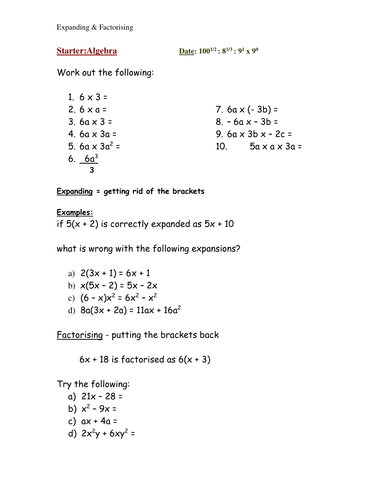 Expanding & Factorising intro lesson | Teaching Resources