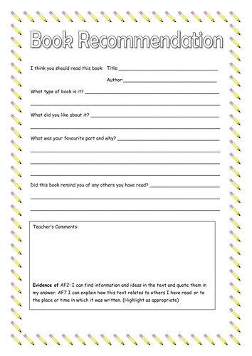 Book recommendation pro-forma | Teaching Resources