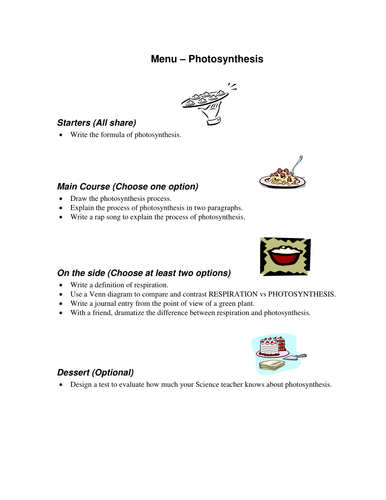 Photosynthesis choice board test | Teaching Resources