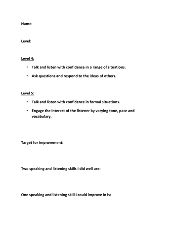 Peer or Self Assessment for speaking and listening | Teaching Resources