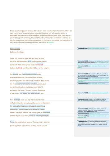 Homecoming - Annotated Worksheet | Teaching Resources