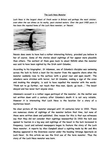 Analysing Texts - Loch ness Monster Lesson | Teaching Resources