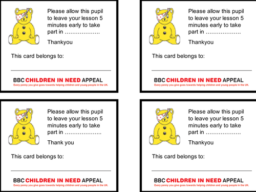 Children In Need Out Of Class Passes | Teaching Resources