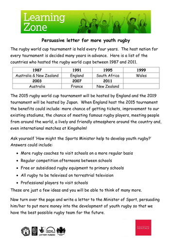 Persuasive letter for more youth rugby | Teaching Resources