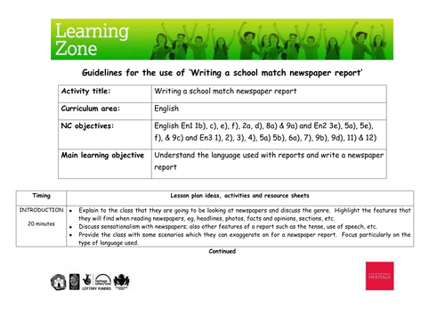 Writing a school match newspaper report | Teaching Resources