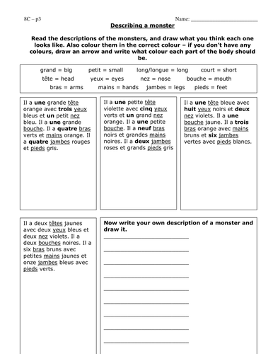 Describing monsters - parts of the body cover work | Teaching Resources