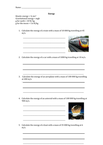 Energy Questions Worksheet | Teaching Resources