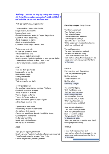 Song - Jorge Drexler - Todo se transforma for KS3 | Teaching Resources