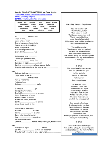 Song - Jorge Drexler - Todo se transforma for GCSE | Teaching Resources