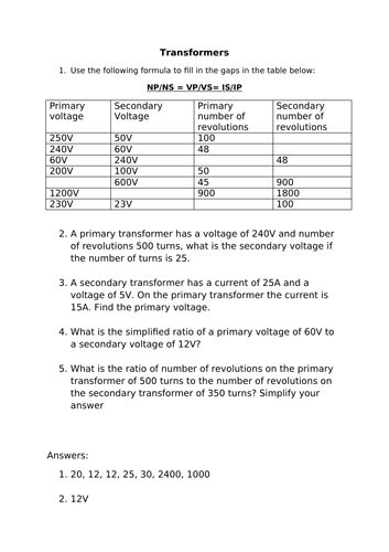 transformers - calculations | Teaching Resources