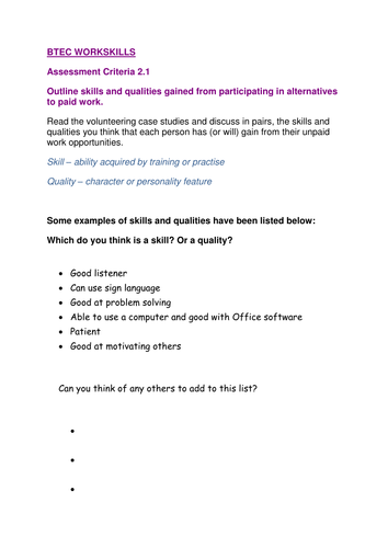 Btec Workskills - Unit 1 (Alt. to Paid Work) L1 | Teaching Resources