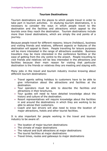 Travel and Tourism - Unit 1: Tourism Destinations | Teaching Resources