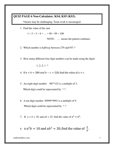 Quiz Part 5 KS4 KS5 with Answers Non-Calculator | Teaching Resources