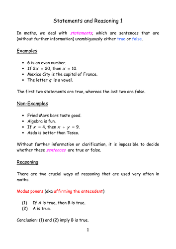 Statements and Reasoning 1 | Teaching Resources