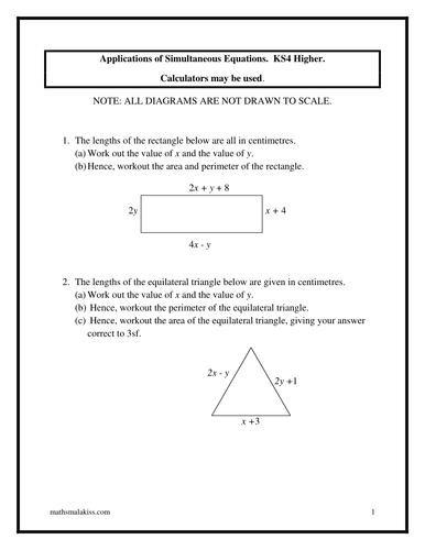 Applications of simultaneous equations GCSE Higher | Teaching Resources
