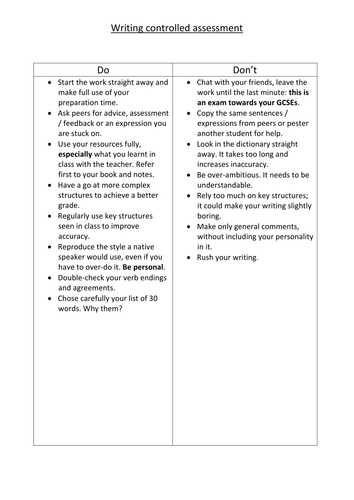Dos and Donts for the writing CA | Teaching Resources