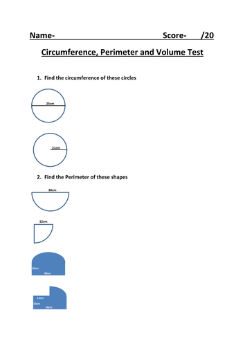 Perimeter, Circumference and Volume test | Teaching Resources