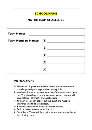 KS3 / GCSE Maths Team Challenge | Teaching Resources