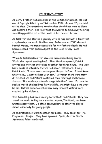 Forgiveness Assembly - Jo Berry's Story | Teaching Resources