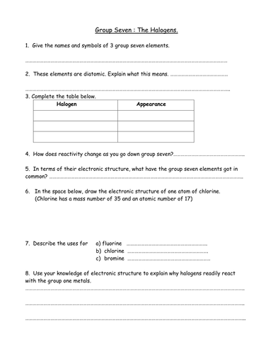 a simple group 7 worksheet | Teaching Resources