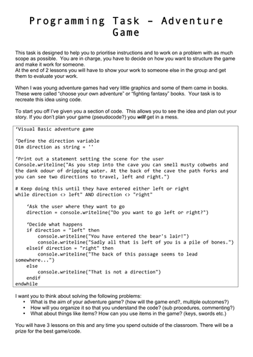 Adventure Game Programming Task | Teaching Resources Adventure Game Programming Task | Teaching Resources