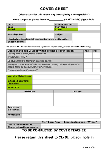 Cover Work Template by - UK Teaching Resources - TES