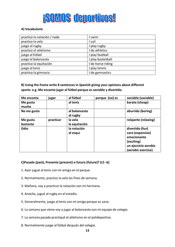 sports writing frame ans tense exercise in spanish | Teaching Resources