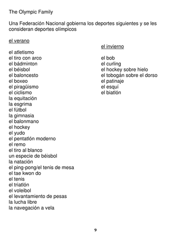 Olympic family sports in Spanish | Teaching Resources