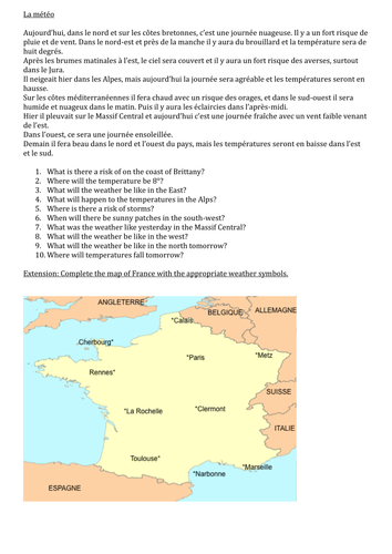La météo reading comprehension | Teaching Resources