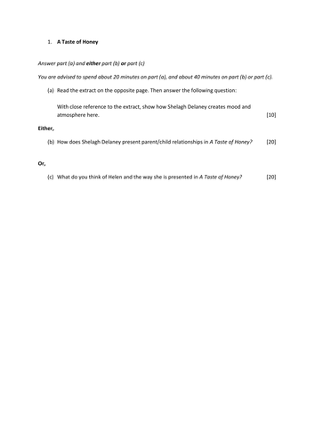 A Taste of Honey Mock Literature Exams | Teaching Resources