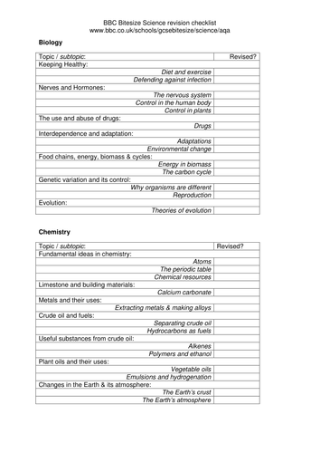 AQA GCSE Science BBC Bitesize revision checklist | Teaching Resources AQA GCSE Science BBC Bitesize revision checklist | Teaching Resources