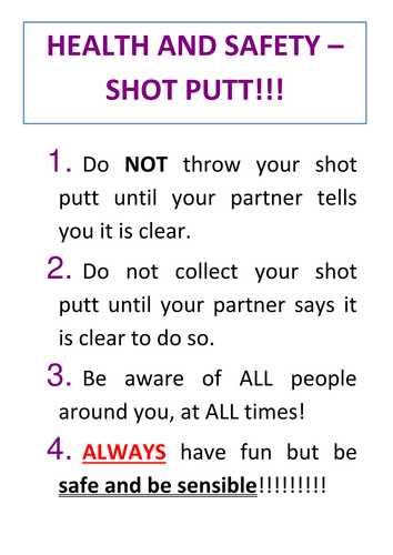 Health and safety in shot putt card! | Teaching Resources