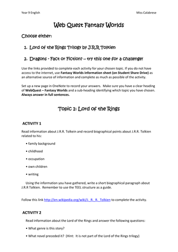 Exploring Fantasy WebQuest | Teaching Resources