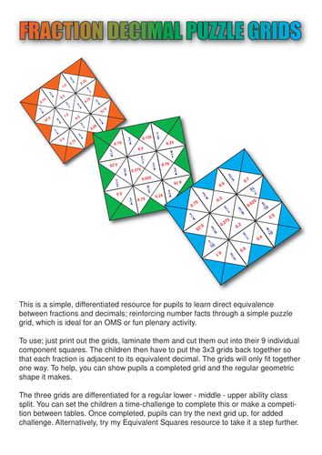 Fraction Decimal Puzzle Grids | Teaching Resources