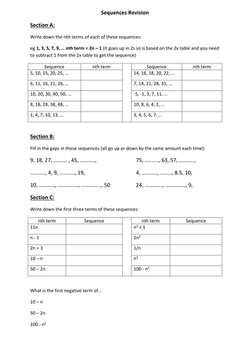 GCSE Sequences Revision | Teaching Resources