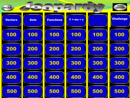 Maths Jeopardy Games GCSE sets functions vectors | Teaching Resources