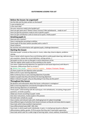 Outstanding lessons tick list | Teaching Resources