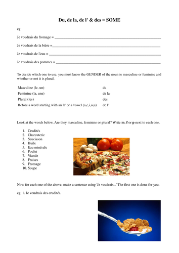 Du, de la and des with food | Teaching Resources