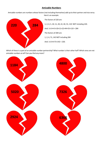 Amicable Numbers Worksheet | Teaching Resources