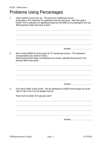 Percentages problems | Teaching Resources