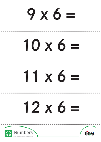 Six Times Table Flash Cards - without answers | Teaching Resources