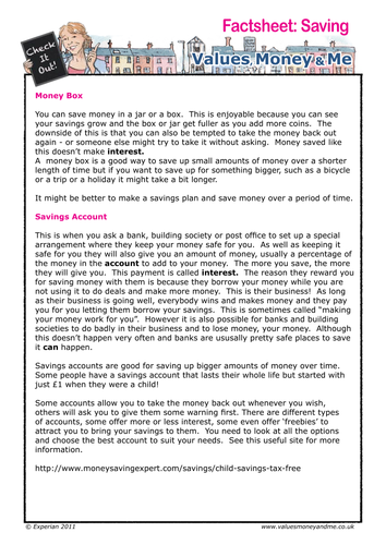 Factsheet: Saving | Teaching Resources