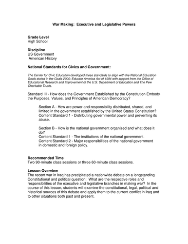 War Making: Executive and Legislative Powers | Teaching Resources
