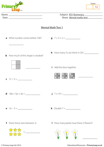 Mental maths - Test 1 | Teaching Resources