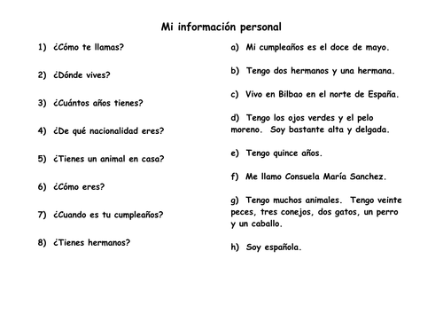 Mi informacion personal - key questions & answers | Teaching Resources