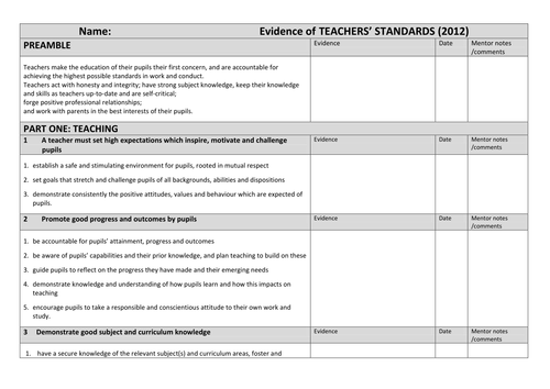 NQT Evidence grid with new standards (May 2012) by KatharineH ...