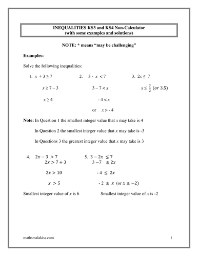 InequalitiesKS3KS4withsolutions | Teaching Resources
