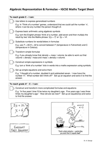 CIE IGCSE Algeb. Repr. & Formulae - target sheet | Teaching Resources